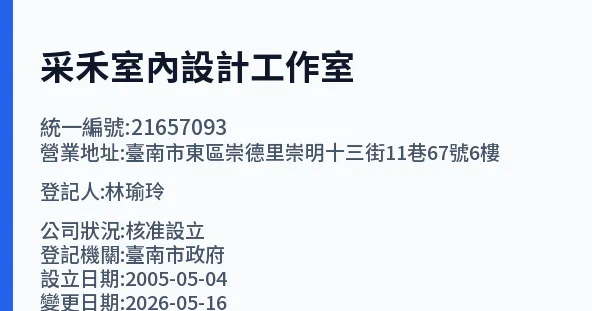 采禾室內設計工作室的照片-統編 21657093(臺南市) 公司登記資料與營業項目詳細圖表