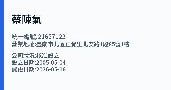 蔡陳氣的照片-統編 21657122(臺南市) 公司登記資料與營業項目詳細圖表