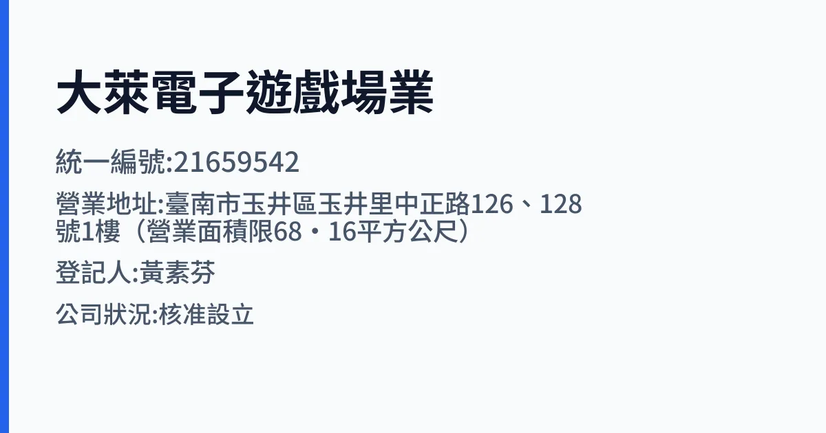 大萊電子遊戲場業 - 統編 21659542（臺南市） 公司登記資料與營業項目詳細圖表