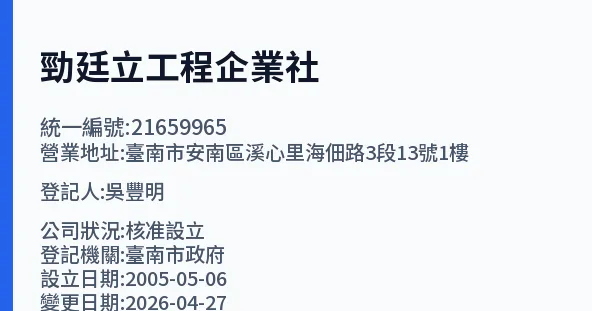 勁廷立工程企業社的照片-統編 21659965(臺南市) 公司登記資料與營業項目詳細圖表