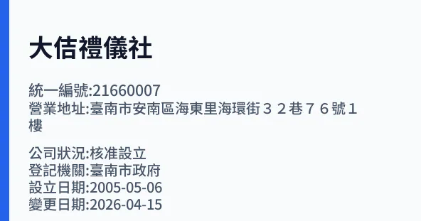 大佶禮儀社的照片-統編 21660007(臺南市) 公司登記資料與營業項目詳細圖表