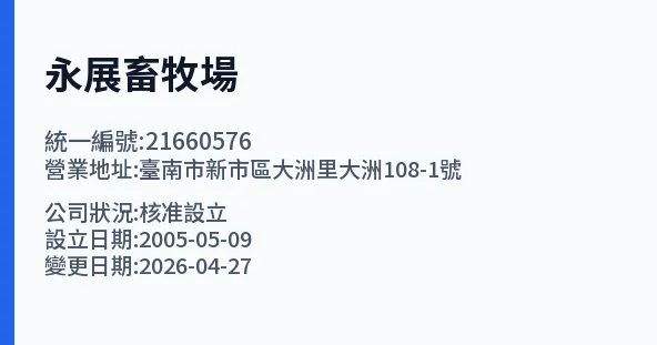 永展畜牧場的照片-統編 21660576(臺南市) 公司登記資料與營業項目詳細圖表