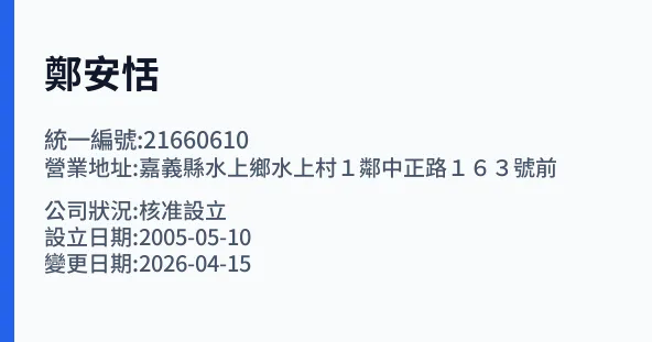 鄭安恬的照片-統編 21660610(嘉義縣) 公司登記資料與營業項目詳細圖表