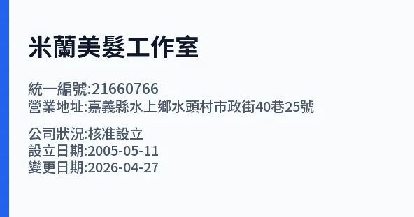 米蘭美髮工作室的照片-統編 21660766(嘉義縣) 公司登記資料與營業項目詳細圖表