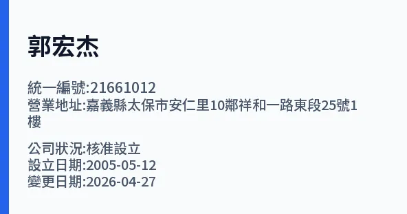 郭宏杰的照片-統編 21661012(嘉義縣) 公司登記資料與營業項目詳細圖表