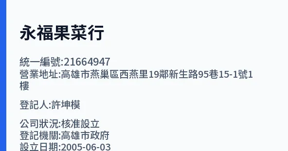 永福果菜行的照片-統編 21664947(高雄市) 公司登記資料與營業項目詳細圖表