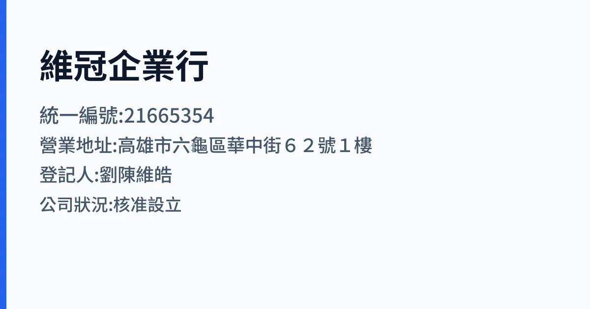 維冠企業行 - 統編 21665354(高雄市) 公司登記資料與營業項目詳細圖表