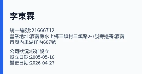 李東霖的照片-統編 21666712(嘉義縣) 公司登記資料與營業項目詳細圖表