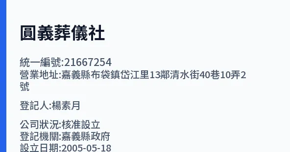 圓義葬儀社的照片-統編 21667254(嘉義縣) 公司登記資料與營業項目詳細圖表