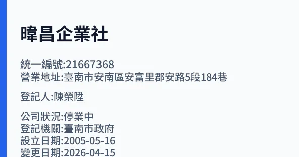 暐昌企業社的照片-統編 21667368(臺南市) 公司登記資料與營業項目詳細圖表