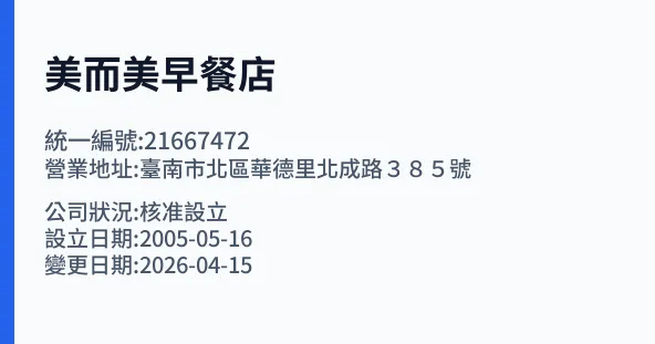 美而美早餐店的照片-統編 21667472(臺南市) 公司登記資料與營業項目詳細圖表