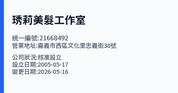 琇莉美髮工作室的照片-統編 21668492(嘉義市) 公司登記資料與營業項目詳細圖表