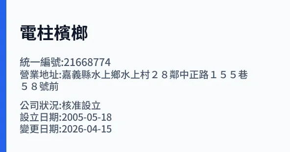 電柱檳榔 - 統編 21668774(嘉義縣) 公司登記資料與營業項目詳細圖表