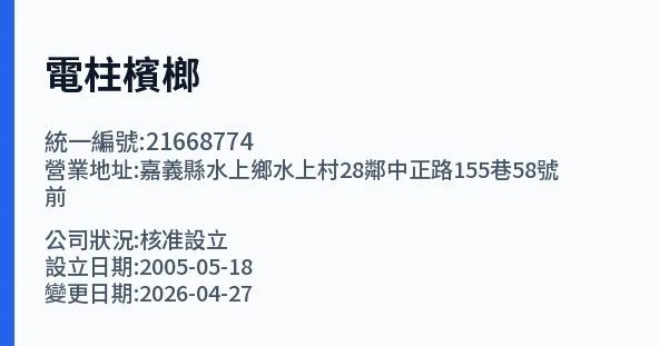 電柱檳榔的照片-統編 21668774(嘉義縣) 公司登記資料與營業項目詳細圖表