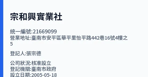 宗和興實業社的照片-統編 21669099(臺南市) 公司登記資料與營業項目詳細圖表
