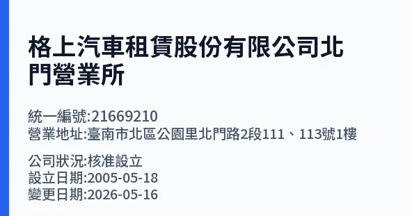 格上汽車租賃股份有限公司北門營業所的照片-統編 21669210(臺南市) 公司登記資料與營業項目詳細圖表