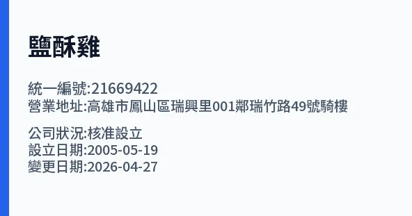 鹽酥雞的照片-統編 21669422(高雄市) 公司登記資料與營業項目詳細圖表
