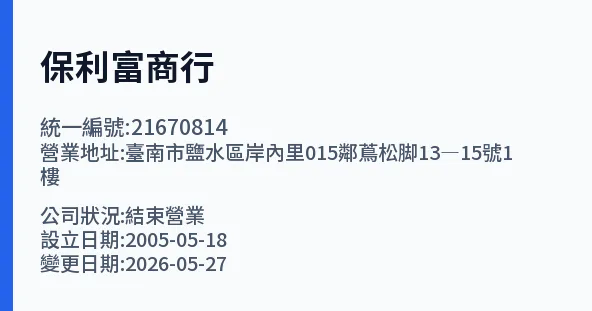 保利富商行的照片-統編 21670814(臺南市) 公司登記資料與營業項目詳細圖表