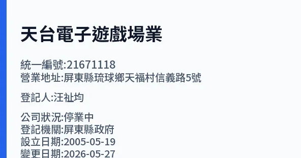 天台電子遊戲場業的照片-統編 21671118(屏東縣) 公司登記資料與營業項目詳細圖表