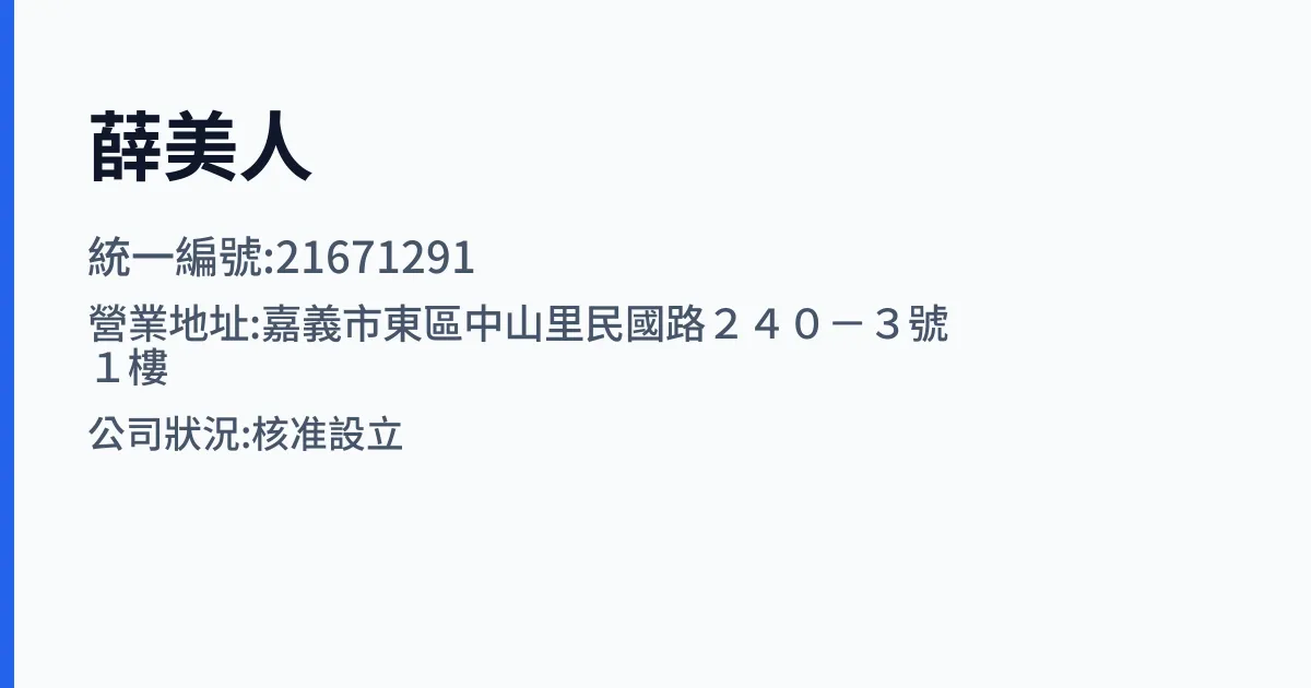薛美人 - 統編 21671291（嘉義市） 公司登記資料與營業項目詳細圖表