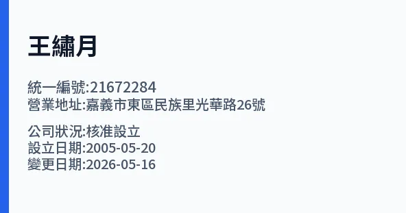 王繡月的照片-統編 21672284(嘉義市) 公司登記資料與營業項目詳細圖表