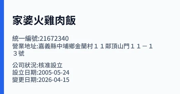 家婆火雞肉飯的照片-統編 21672340(嘉義縣) 公司登記資料與營業項目詳細圖表