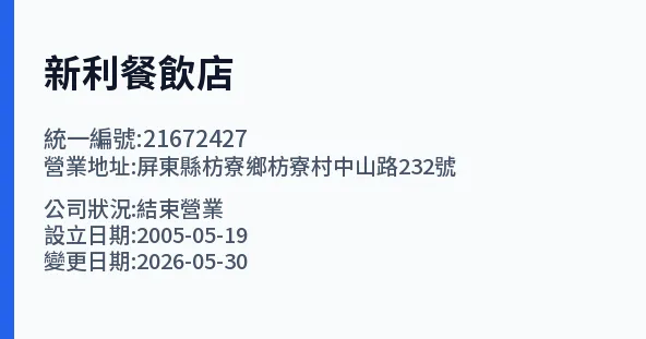 新利餐飲店的照片-統編 21672427(屏東縣) 公司登記資料與營業項目詳細圖表