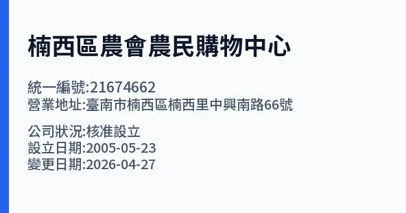 楠西區農會農民購物中心的照片-統編 21674662(臺南市) 公司登記資料與營業項目詳細圖表