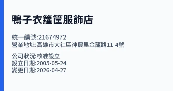 鴨子衣籮筐服飾店的照片-統編 21674972(高雄市) 公司登記資料與營業項目詳細圖表