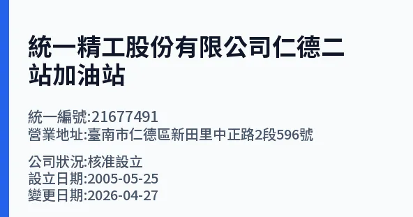 統一精工股份有限公司仁德二站加油站的照片-統編 21677491(臺南市) 公司登記資料與營業項目詳細圖表