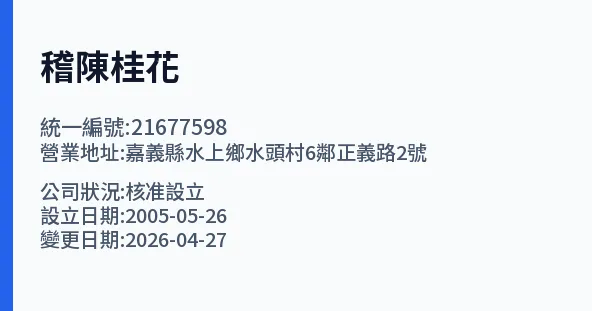 稽陳桂花的照片-統編 21677598(嘉義縣) 公司登記資料與營業項目詳細圖表