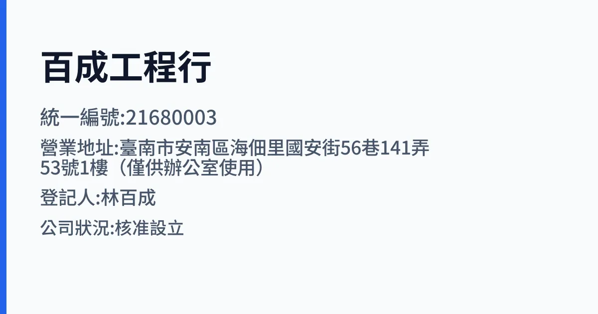 百成工程行 - 統編 21680003(臺南市) 公司登記資料與營業項目詳細圖表