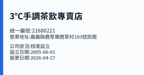 3℃手調茶飲專賣店的照片-統編 21680221(嘉義縣) 公司登記資料與營業項目詳細圖表