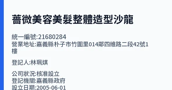 薔微美容美髮整體造型沙龍的照片-統編 21680284(嘉義縣) 公司登記資料與營業項目詳細圖表