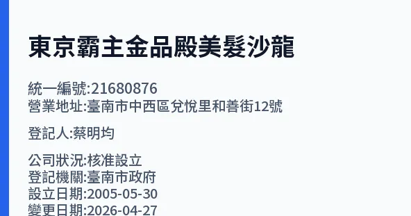 東京霸主金品殿美髮沙龍的照片-統編 21680876(臺南市) 公司登記資料與營業項目詳細圖表
