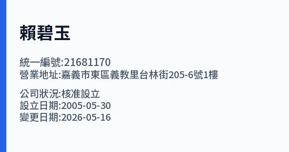 賴碧玉的照片-統編 21681170(嘉義市) 公司登記資料與營業項目詳細圖表