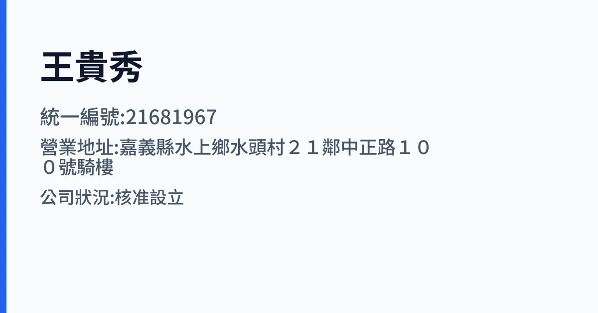 王貴秀 - 統編 21681967(嘉義縣) 公司登記資料與營業項目詳細圖表