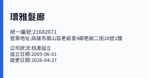 環雅髮廊的照片-統編 21682071(高雄市) 公司登記資料與營業項目詳細圖表