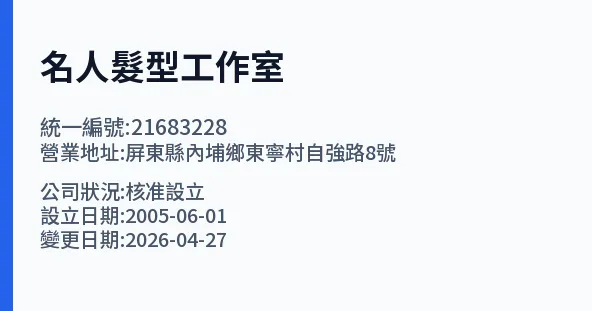 名人髮型工作室的照片-統編 21683228(屏東縣) 公司登記資料與營業項目詳細圖表