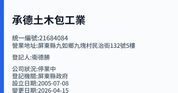 承德土木包工業的照片-統編 21684084(屏東縣) 公司登記資料與營業項目詳細圖表