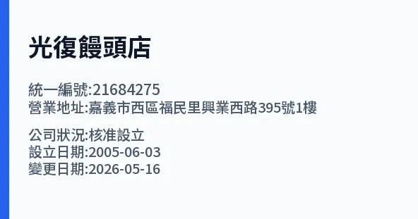光復饅頭店的照片-統編 21684275(嘉義市) 公司登記資料與營業項目詳細圖表