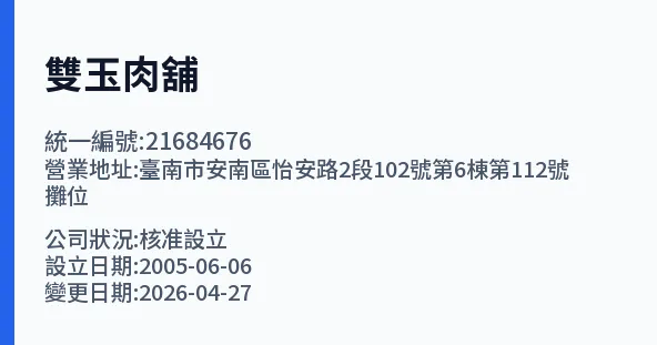 雙玉肉舖的照片-統編 21684676(臺南市) 公司登記資料與營業項目詳細圖表