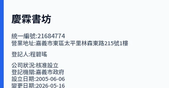慶霖書坊的照片-統編 21684774(嘉義市) 公司登記資料與營業項目詳細圖表