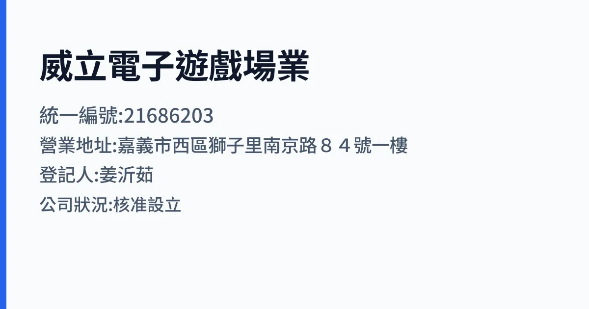 威立電子遊戲場業 - 統編 21686203(嘉義市) 公司登記資料與營業項目詳細圖表