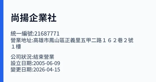尚揚企業社的照片-統編 21687771(高雄市) 公司登記資料與營業項目詳細圖表