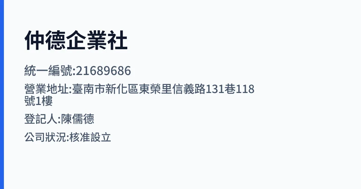 仲德企業社 - 統編 21689686(臺南市) 公司登記資料與營業項目詳細圖表
