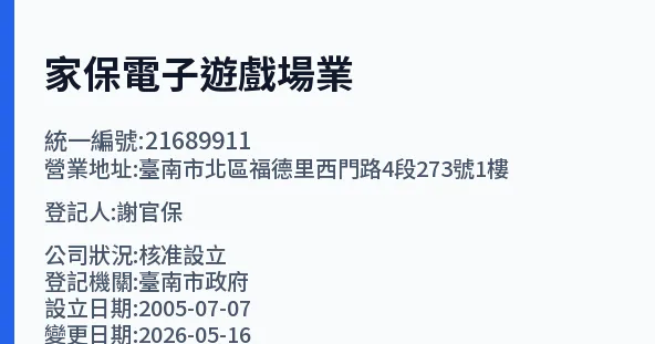 家保電子遊戲場業的照片-統編 21689911(臺南市) 公司登記資料與營業項目詳細圖表