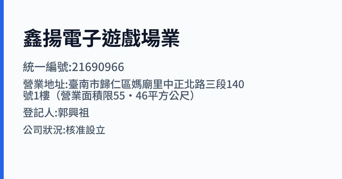 鑫揚電子遊戲場業 - 統編 21690966(臺南市) 公司登記資料與營業項目詳細圖表