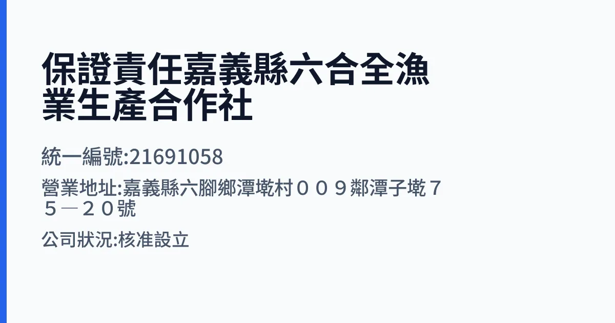 保證責任嘉義縣六合全漁業生產合作社 - 統編 21691058(嘉義縣) 公司登記資料與營業項目詳細圖表