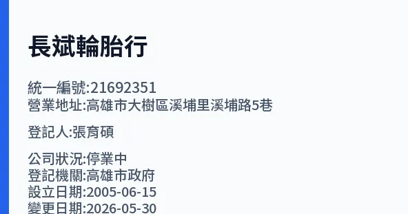 長斌輪胎行的照片-統編 21692351(高雄市) 公司登記資料與營業項目詳細圖表